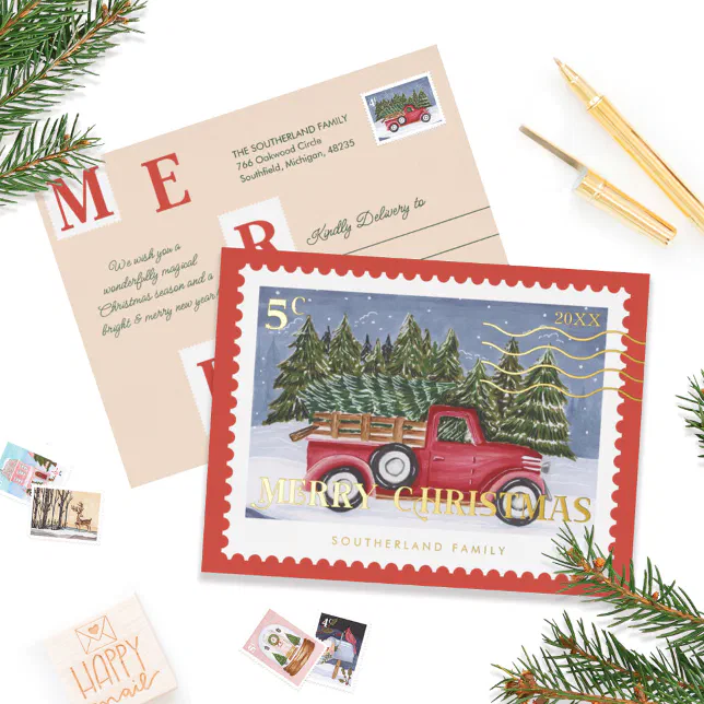 Merry Christmas Vintage Red Truck Postage Stamp Foil Holiday Postcard ...
