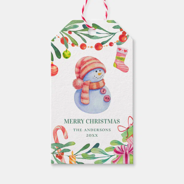 Merry Christmas. Watercolor cute snowman. Holiday Gift Tags | Zazzle