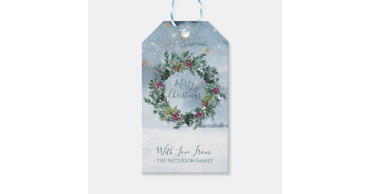 Merry Christmas Watercolor Holly Glitter Star Snow Gift Tags | Zazzle