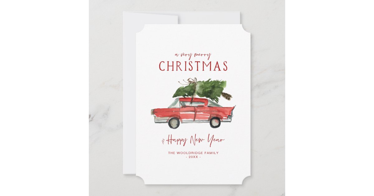 Merry Christmas | Watercolor Red Car Holiday Card | Zazzle