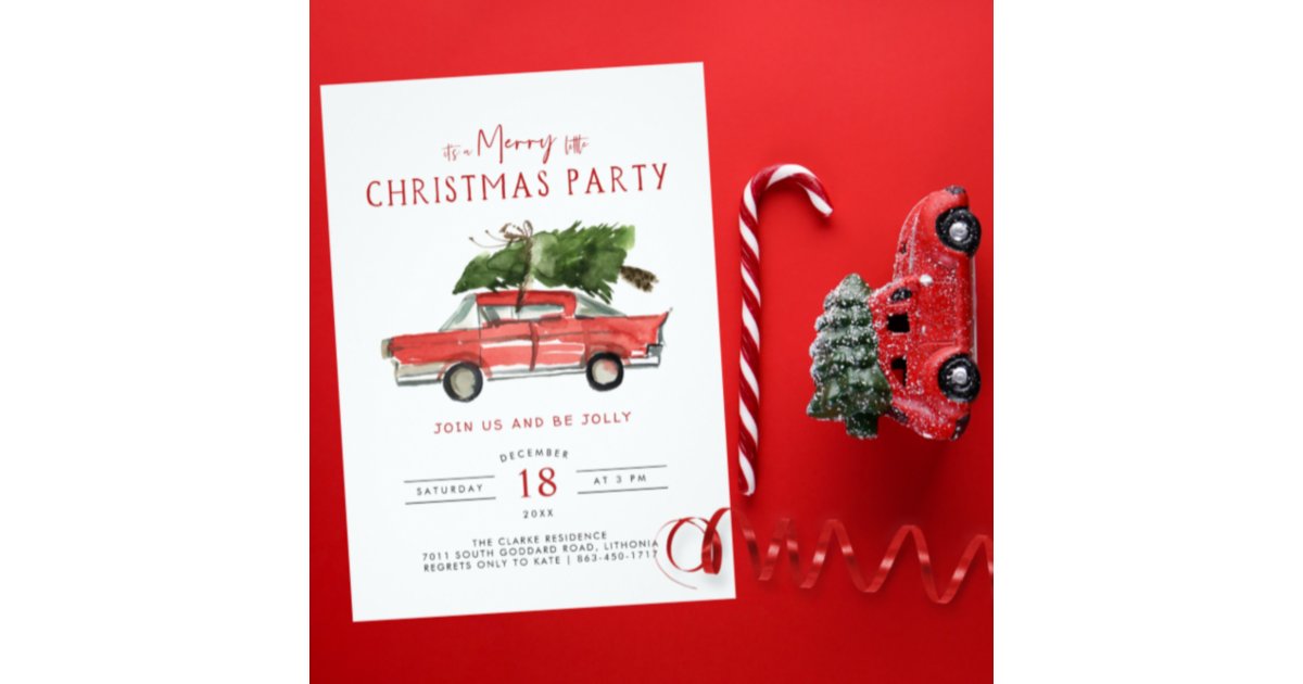 Merry Christmas | Watercolor Red Car Holiday Party Invitation | Zazzle