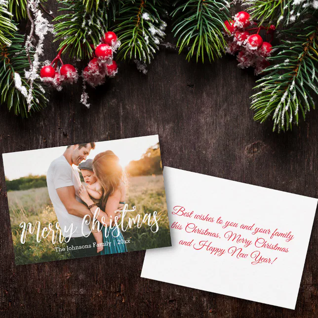 merry christmas white calligraphy family photo note card | Zazzle
