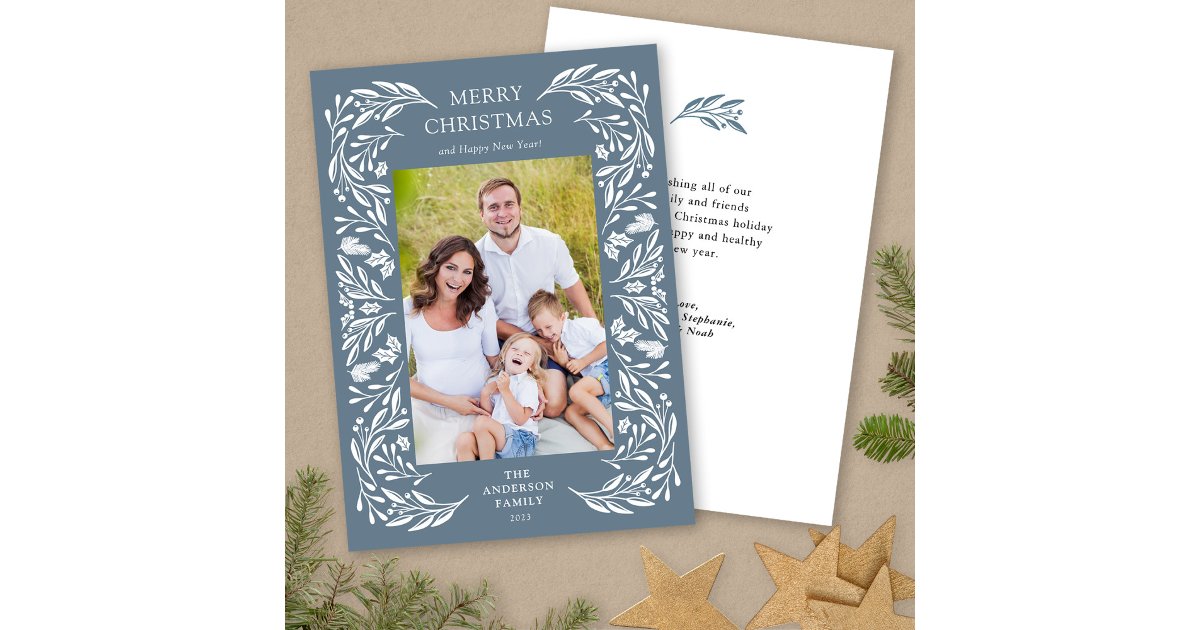 Merry Christmas White Greenery Message Photo Holiday Card | Zazzle