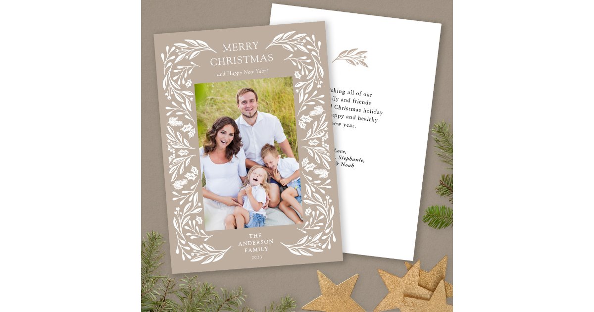 Merry Christmas White Greenery Message Photo Holiday Card | Zazzle