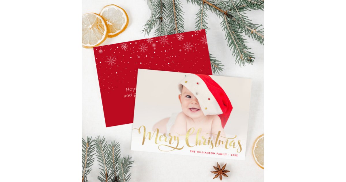 Merry Christmas white lettering photo postcard | Zazzle