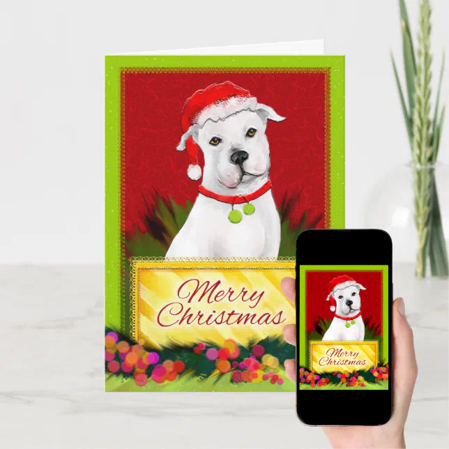 Merry Christmas White Pitbull Christmas Card | Zazzle
