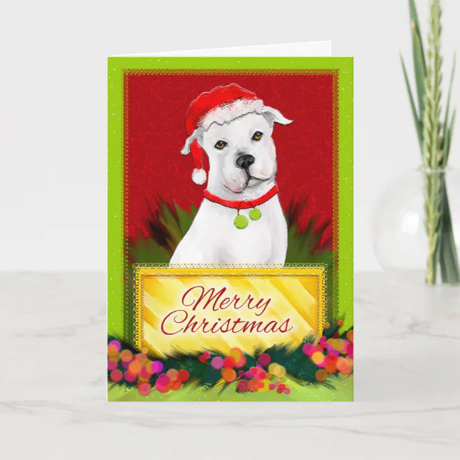 Merry Christmas White Pitbull Christmas Card | Zazzle