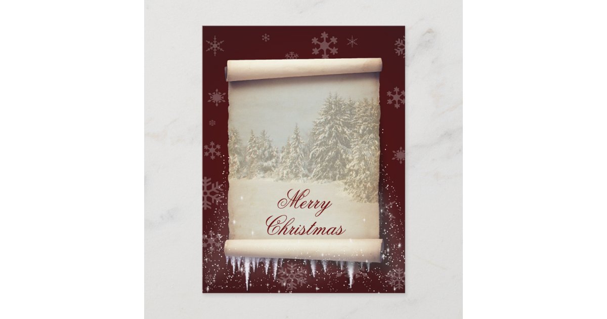 Merry Christmas Winter Parchment Illustration Holiday Postcard | Zazzle