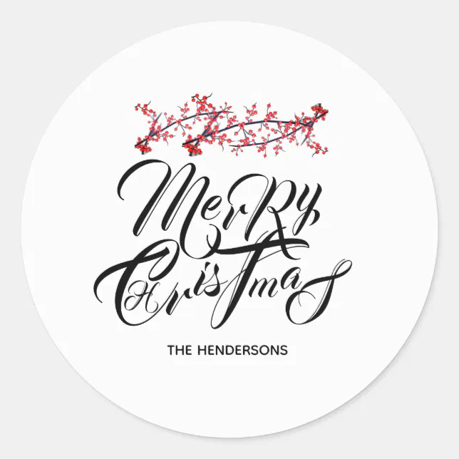 Merry Christmas with Holly - Classic Round Sticker | Zazzle