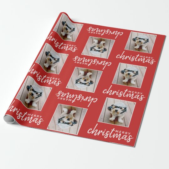 Merry Christmas with One Square Photo - red Wrapping Paper | Zazzle.com