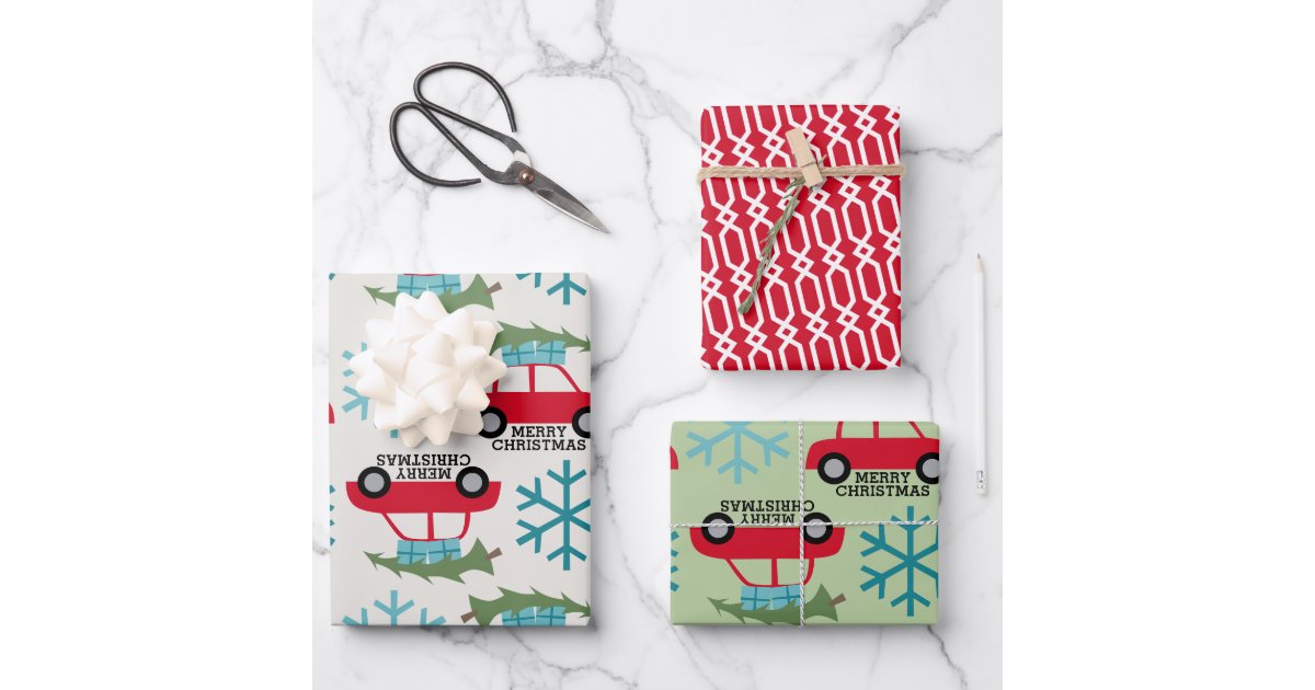 Merry Christmas with Retro Car Christmas Tree Gift Wrapping Paper ...