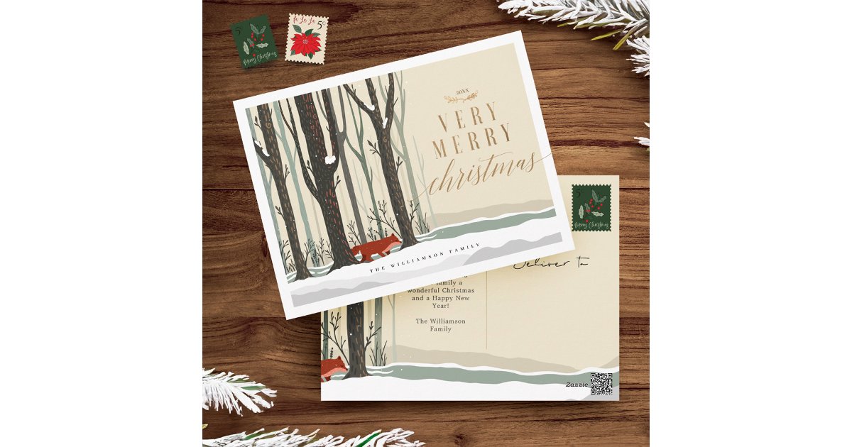 Merry Christmas Woodland Winter Forest Fox Holiday Postcard | Zazzle