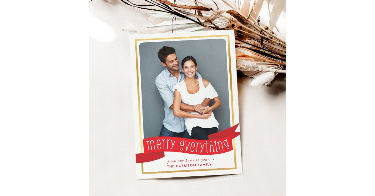 MERRY EVERYTHING BANNER photo modern gold red Holiday Card | Zazzle