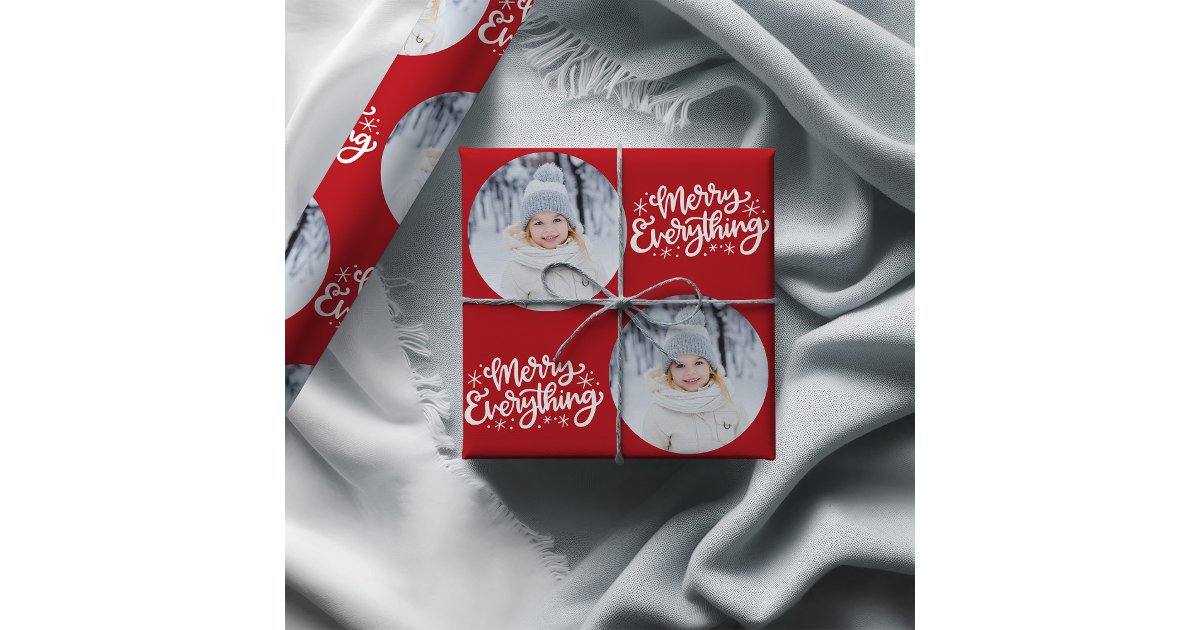Merry Everything Calligraphy Red Photo Wrapping Paper | Zazzle
