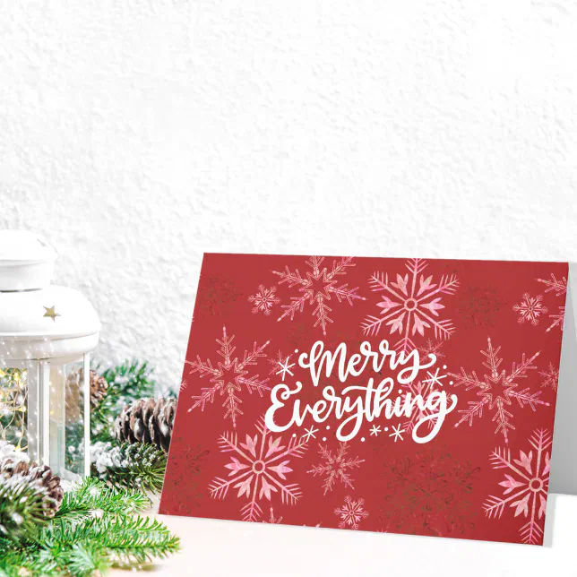 Merry Everything Calligraphy Red Snowflake Holiday Card | Zazzle
