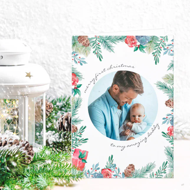 Merry First Christmas Pine Cones Baby Photo Holiday Card | Zazzle