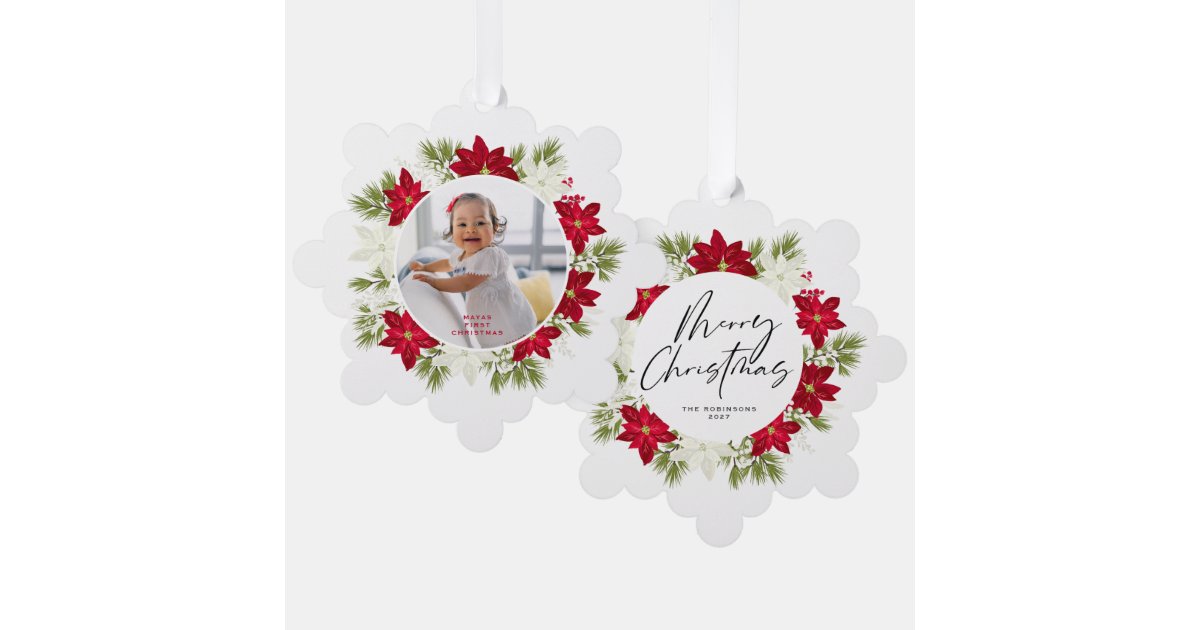 Merry First Christmas Red Poinsettia Wreath Ornament Card | Zazzle