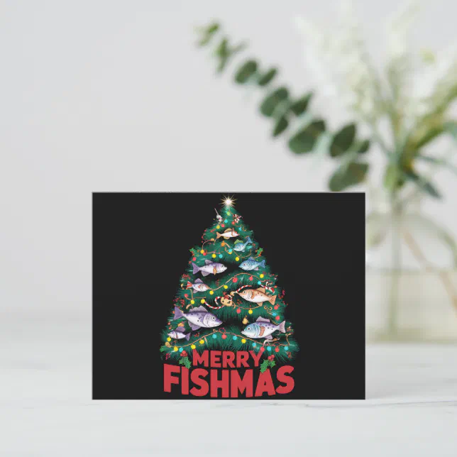 Merry Fishmas Christmas Tree Lights Fish Fishing Holiday Postcard | Zazzle