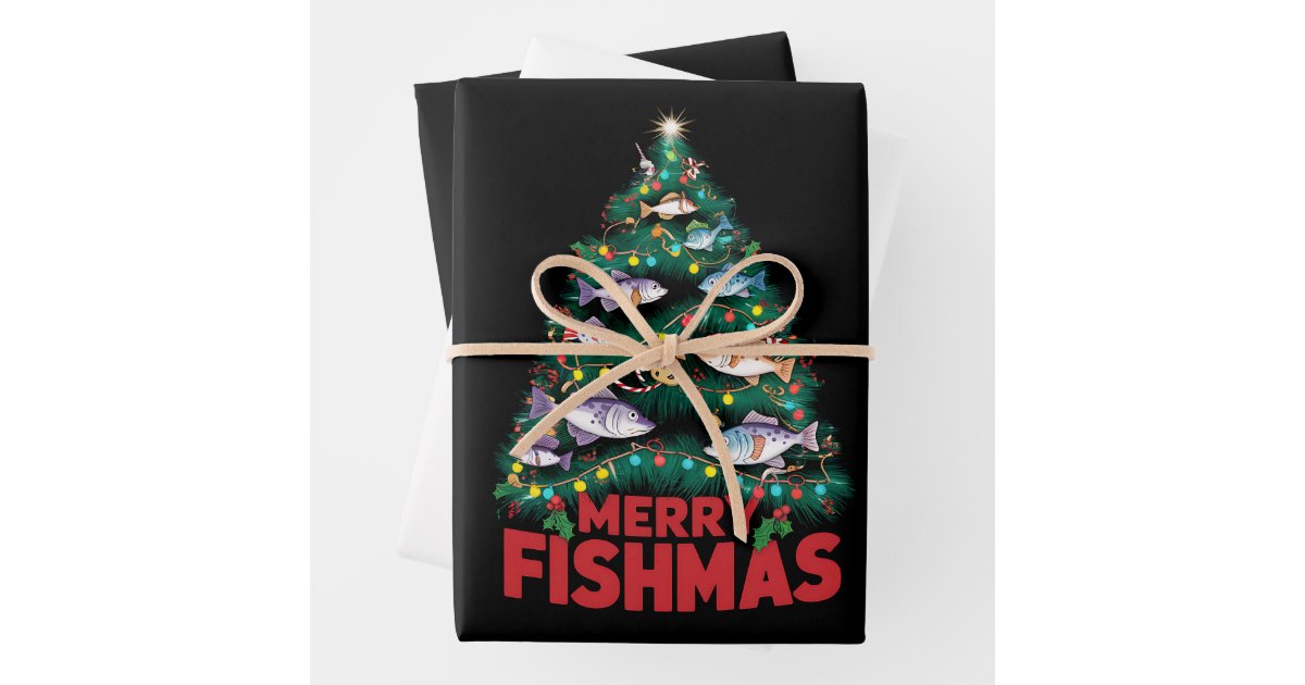 Merry Fishmas Christmas Tree Lights Fish Fishing Wrapping Paper Sheets ...