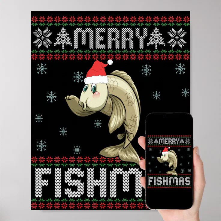 Merry Fishmas Funny Ugly Christmas Sweater Fish Poster | Zazzle