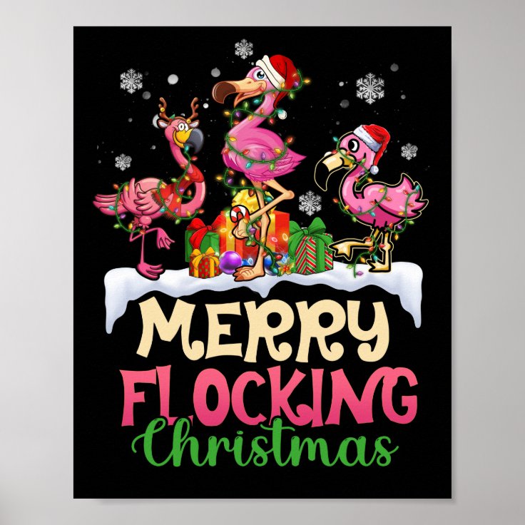 Merry Flocking Christmas Reindeer Santa Flamingo Poster | Zazzle