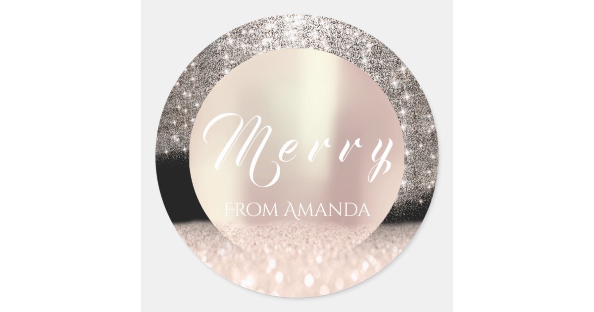 Merry From Name Black Rose SparkHolidays Glitter Classic Round Sticker ...