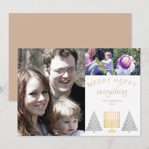 Merry Happy Tan Modern 3 Photo Collage Holiday Card | Zazzle