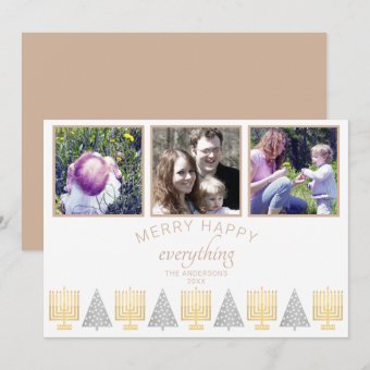 Merry Happy Tan Simple 3 Photo Collage Holiday Card | Zazzle