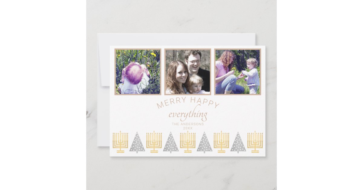 Merry Happy Tan Simple 3 Photo Collage Holiday Card | Zazzle