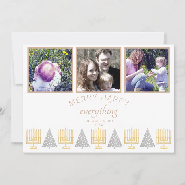 Merry Happy Tan Simple 3 Photo Collage Holiday Card | Zazzle