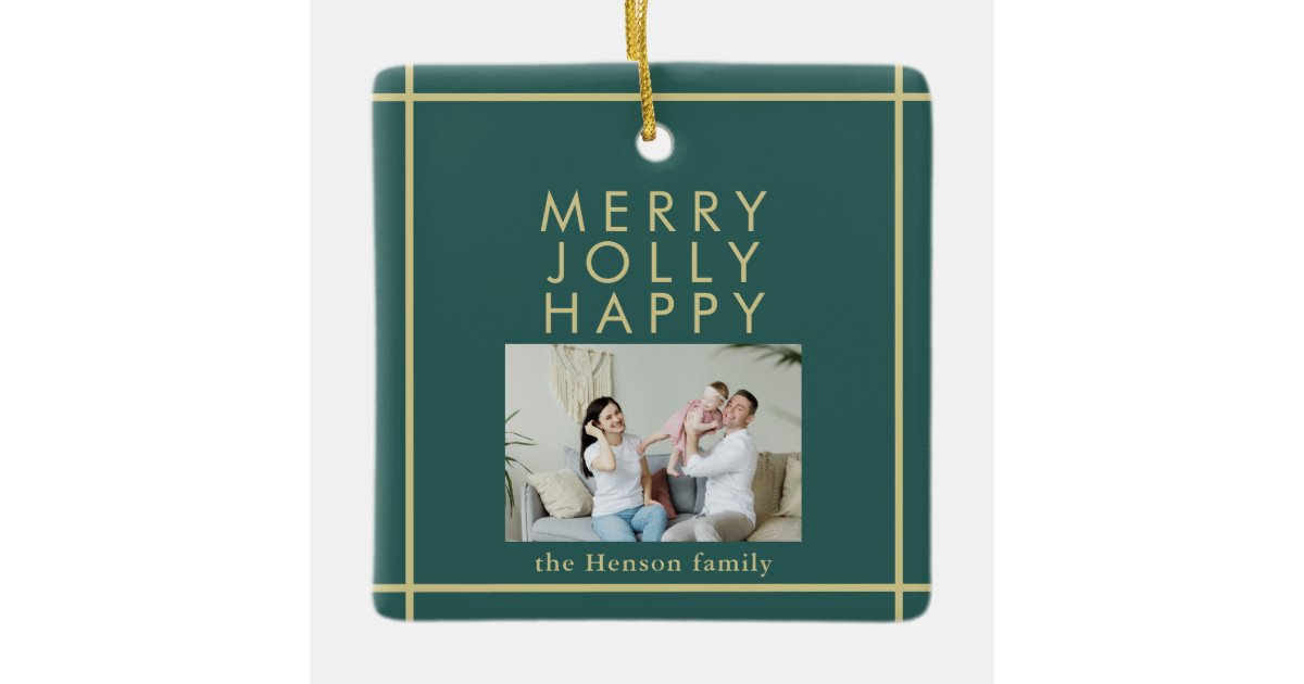 Merry Jolly Happy Family Photo Christmas Green Ceramic Ornament | Zazzle