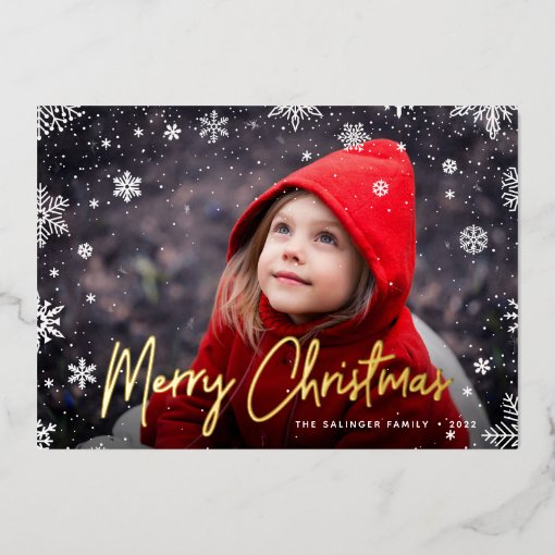 Merry Magic | Snowflake Overlay Photo Christmas Foil Holiday Card | Zazzle