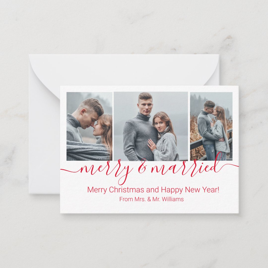 merry&married, 3 photos collage newlyweds holiday note card | Zazzle