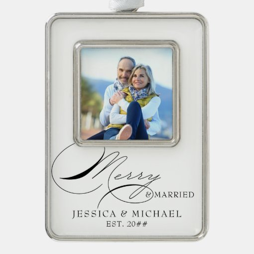 Merry & Married Couples Calligraphy Photo Christmas Ornament | Zazzle