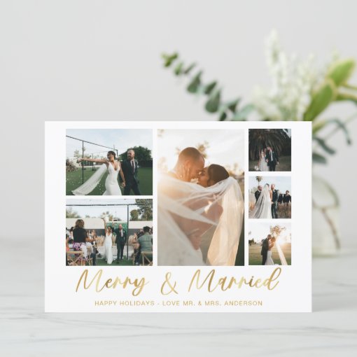 Merry & Married Gold 6 Multi Photo Holiday Card | Zazzle