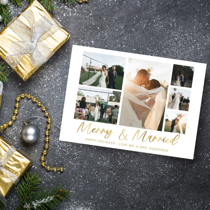 Merry & Married Gold 6 Multi Photo Holiday Card | Zazzle