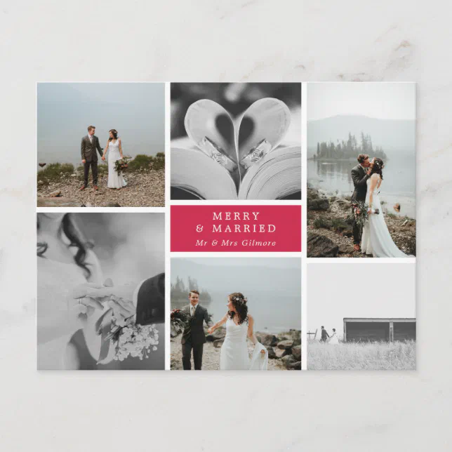 Merry & Married Wedding Photo Collage Postcard | Zazzle