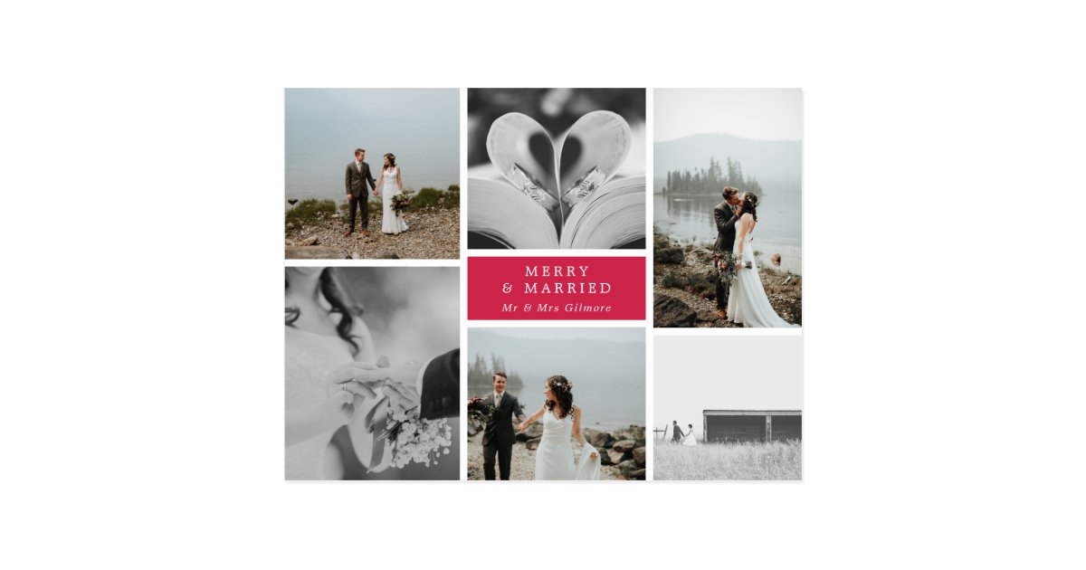 Merry & Married Wedding Photo Collage Postcard | Zazzle.com
