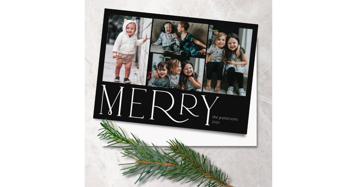 Merry Photo Simple Black White Holiday Card | Zazzle