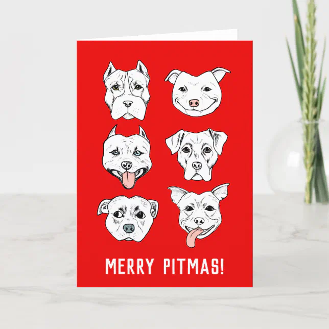 Merry Pitmas | Pit Bull Dog Faces Christmas Holiday Card | Zazzle