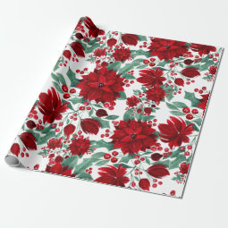 Merry Red Poinsettia Flowers Ivy Leaves Watercolor Wrapping Paper | Zazzle