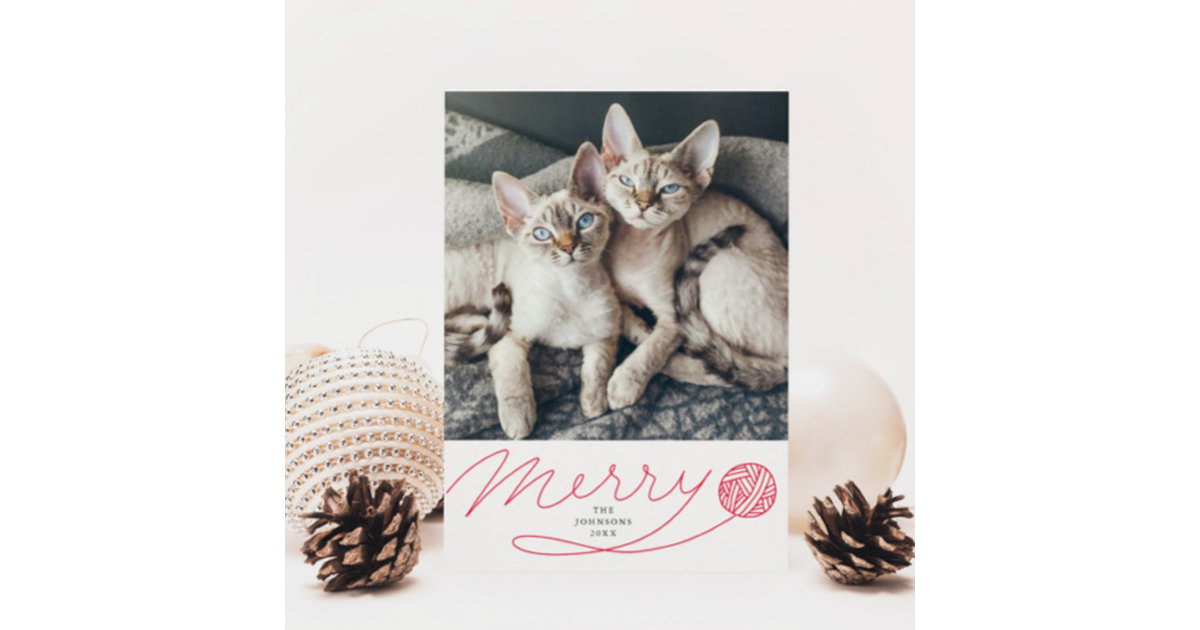 Merry Red Yarn Ball Cat Photo Holiday Card | Zazzle