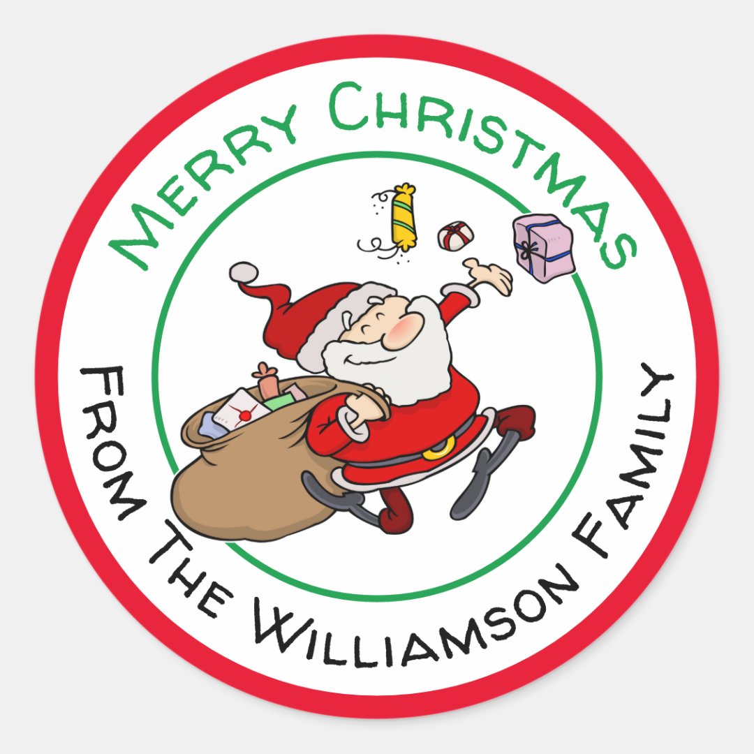 Merry Santa Delivering Christmas Presents Classic Round Sticker | Zazzle