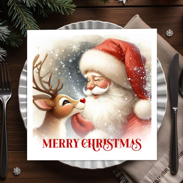 Merry Santa Rudolph Christmas Dinner Napkins | Zazzle