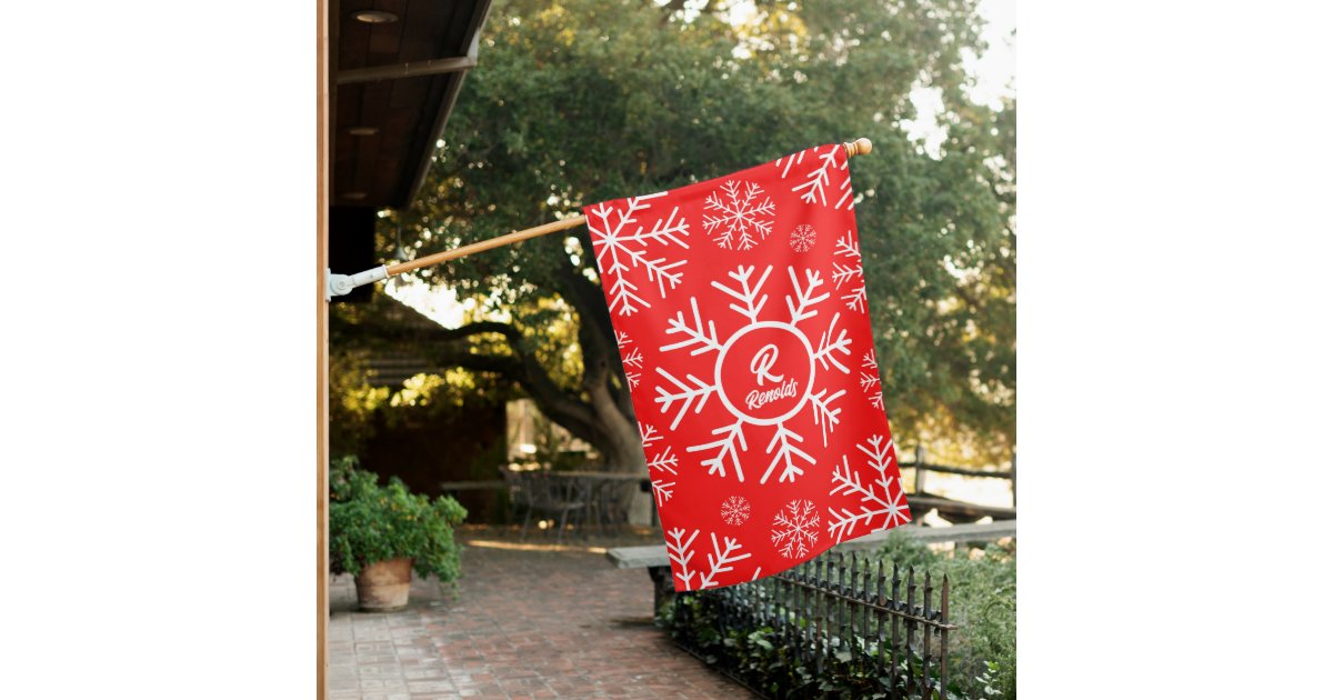 Merry Snowflake Red House Flag | Zazzle
