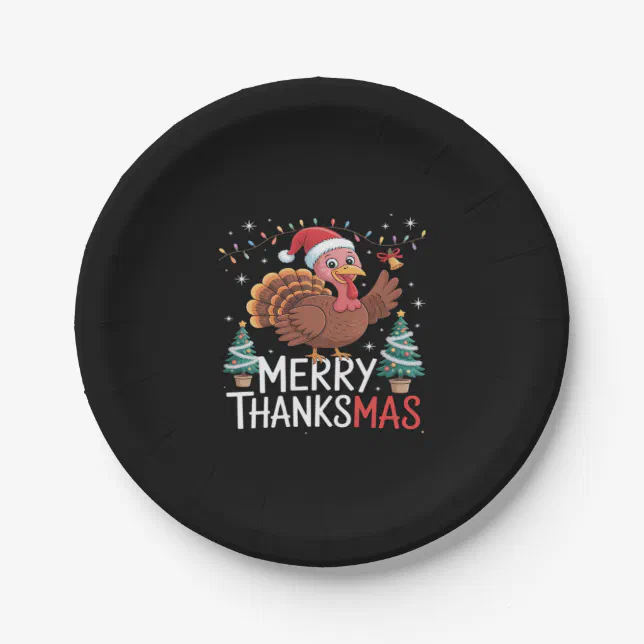 Merry Thanksmas Happy Thanksgiving Santa Turkey Es Paper Plates | Zazzle