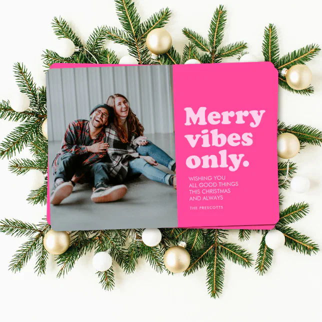 Merry vibes only fun retro hot pink Christmas Holiday Card | Zazzle