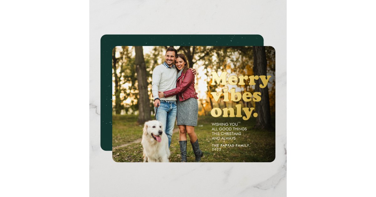 Merry vibes only fun retro one photo Christmas Foil Holiday Card | Zazzle