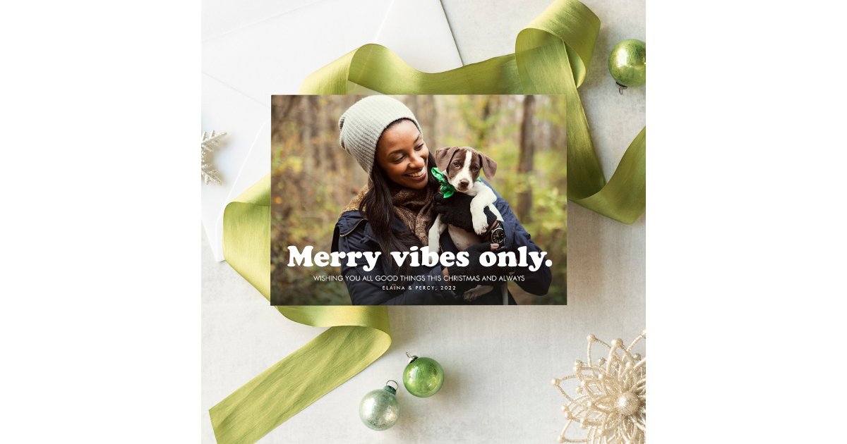Merry vibes only fun retro one photo holiday card | Zazzle