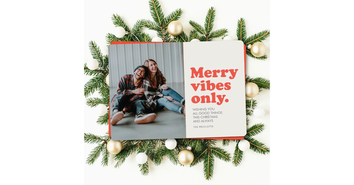Merry vibes only retro holiday photo card | Zazzle